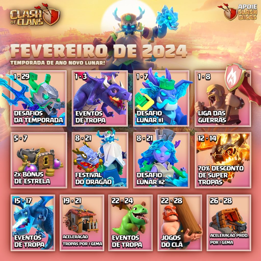 Calendário de Fevereiro: Desvendando as Novas Skins, Eventos e mais - Clash of Clans Dicas